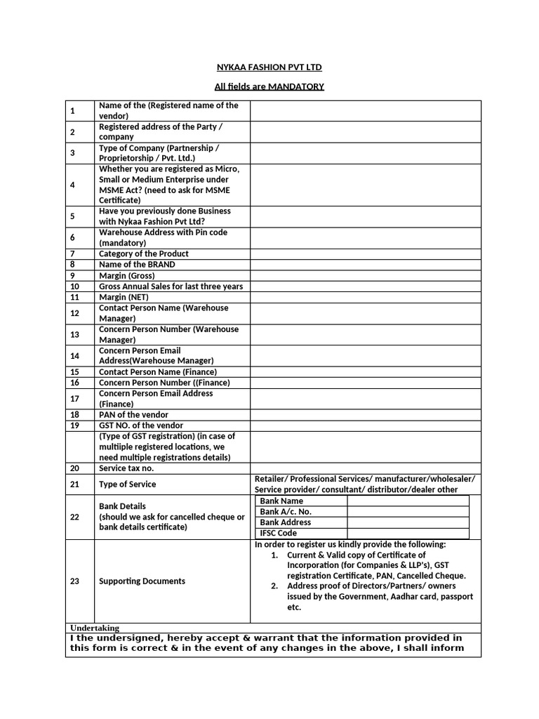 Nykaa Fashion Vendor Registration Form | PDF | Banks | Business