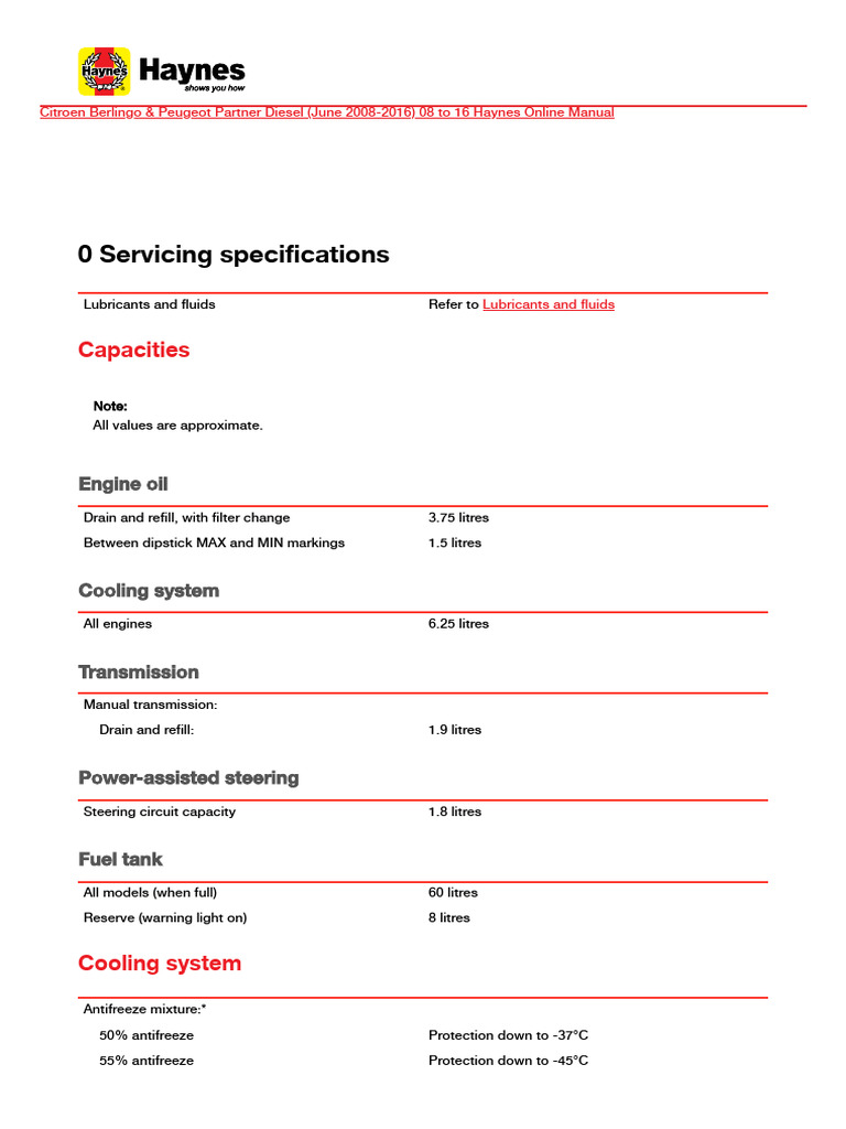 Berlingo B9 1.6HDI 115 Fluid Capacities | PDF