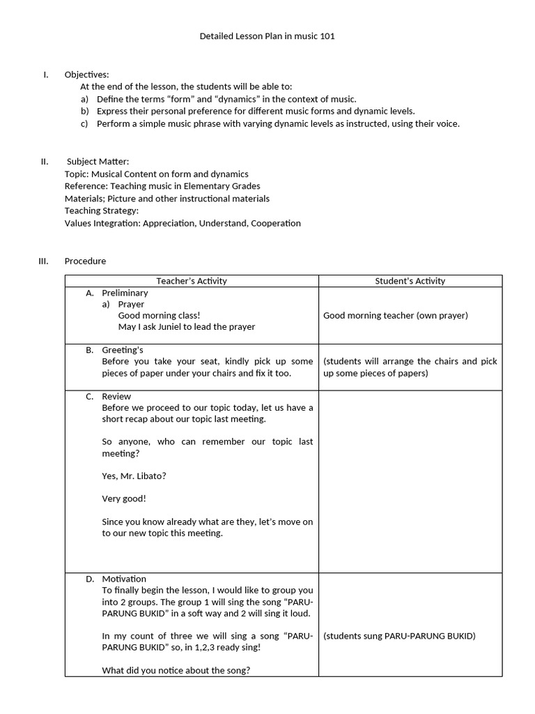 Detailed Lesson Plan in Music 101 | PDF | Musical Forms | Musicology