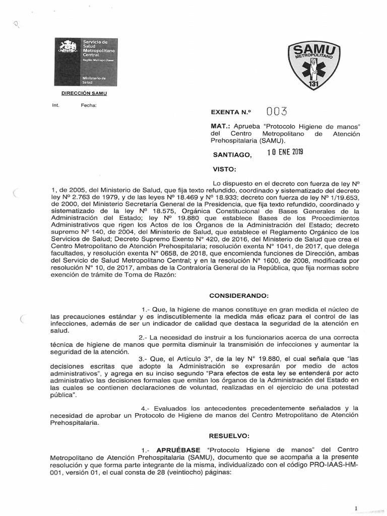 SAMU Ex 003.2019 - Higiene Manos | PDF