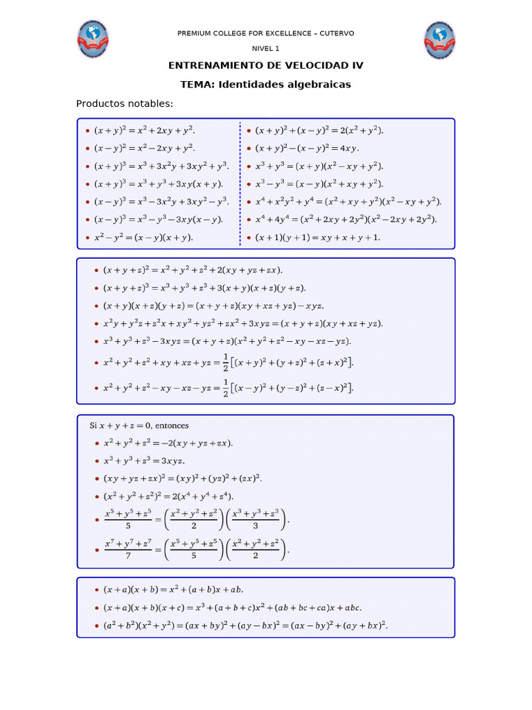 Entrenamiento de Velocidad IV - Productos Notables | PDF | Matemáticas ...