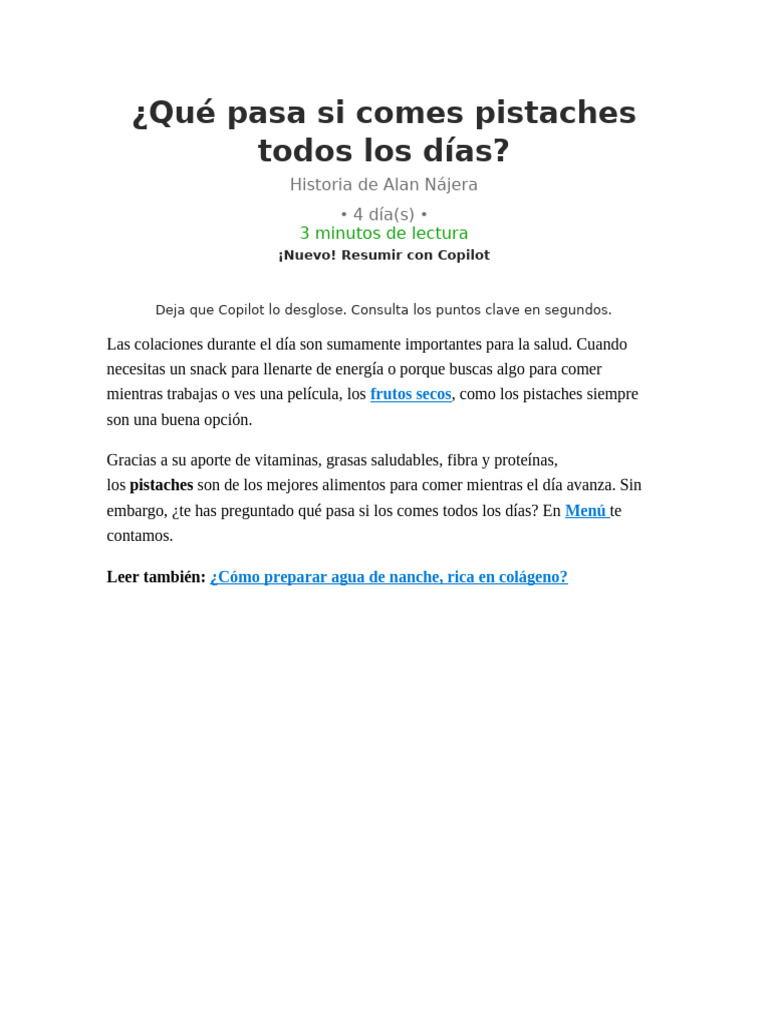 Beneficios de comer pistaches diarios | PDF