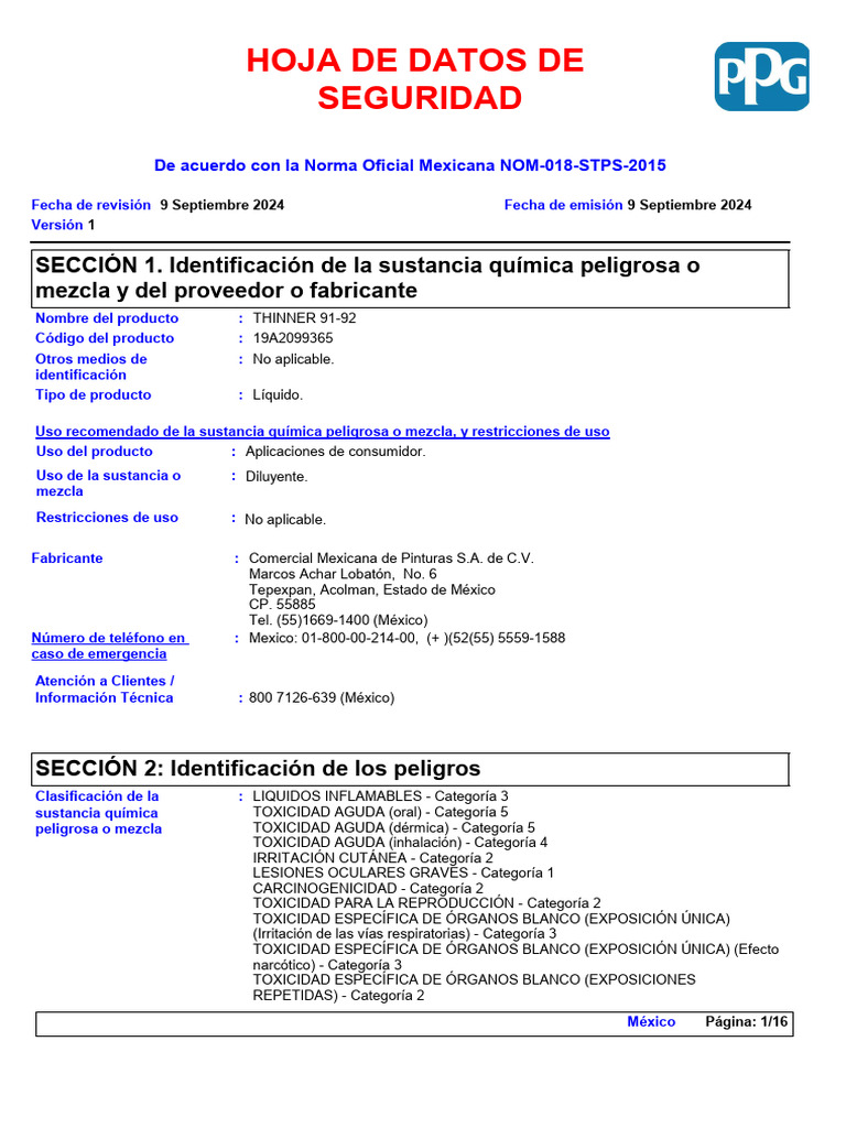 Thinner 91-92: Hoja de Seguridad | PDF