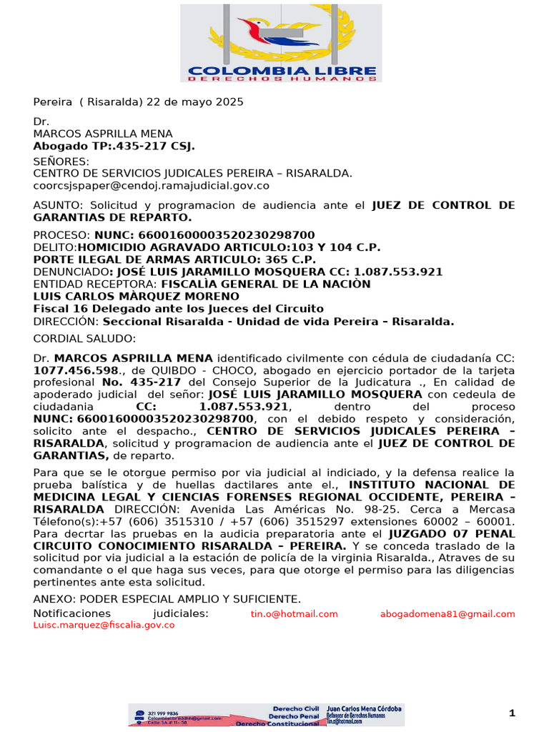 Solicitud y Programacion de Audiencia Ante El JUEZ de CONTROL de GARANTIAS de REPARTO | PDF