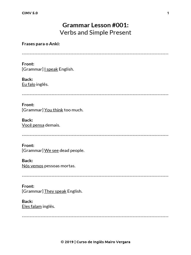 Grammar Lesson 001 - Verbs and Simple Present | PDF