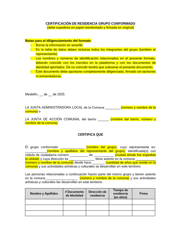 Certificación de Residencia Grupo Conformado | PDF