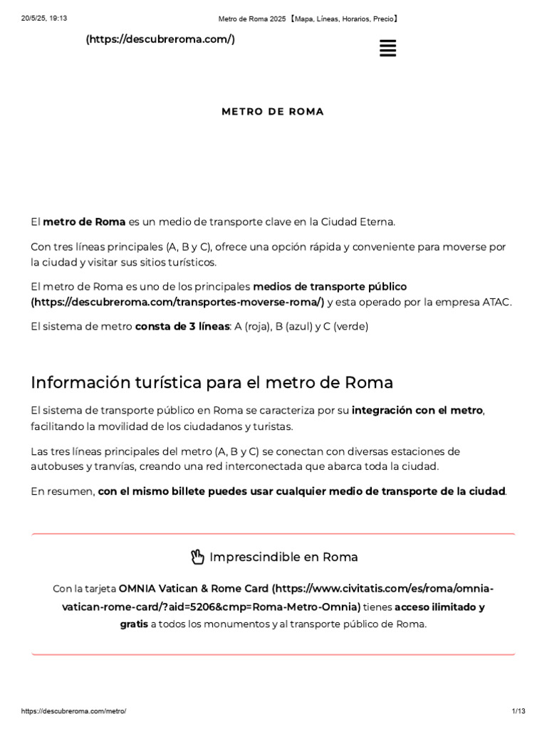 Metro de Roma 2025 【Mapa, Líneas, Horarios, Precio】 | PDF | Tránsito ...