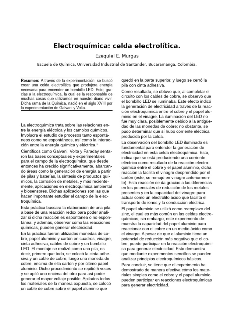 Informe Electroquímica - celda electrolítica | PDF | Electroquímica | Redox