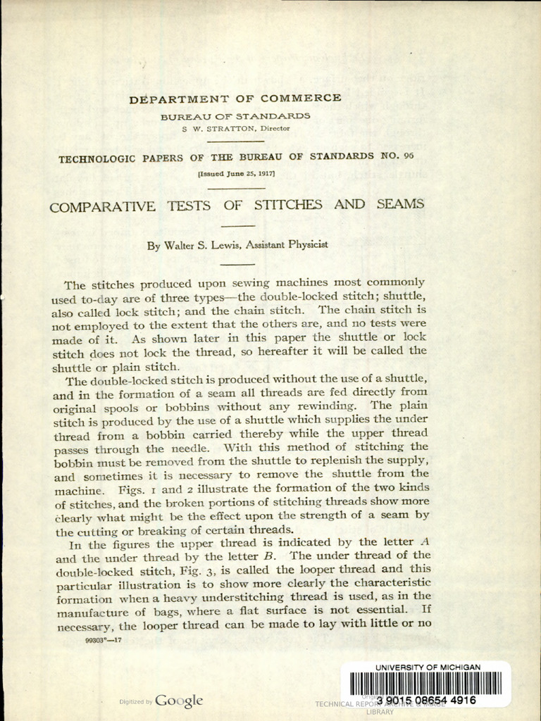 Walter S Lewis - Comparative Tests of Stitches and Seams 1917 | PDF ...