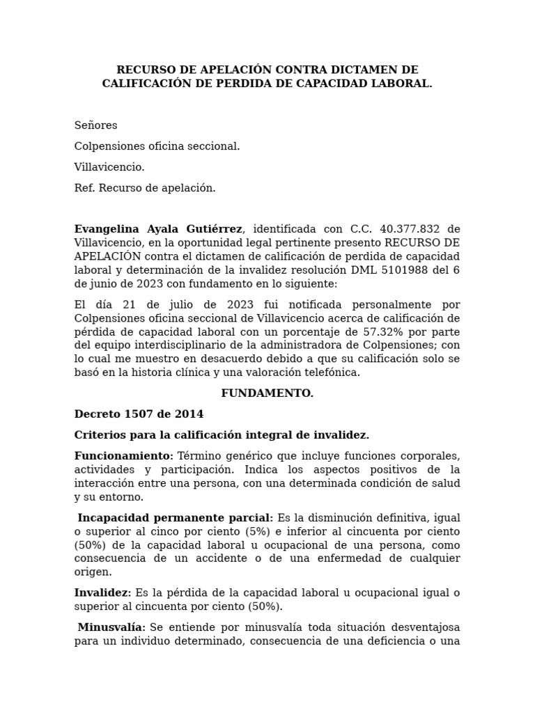 Apelacion Dictamen de Calificacion de Evangelina Ayala (Mama Roger) | PDF | Invalidez
