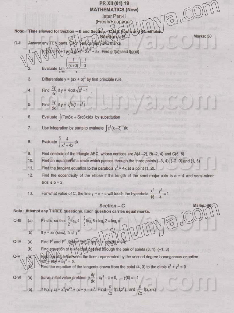 Past Paper 2019 Peshawar Board Inter Part II Mathematics Subjective Englsh Medium | PDF
