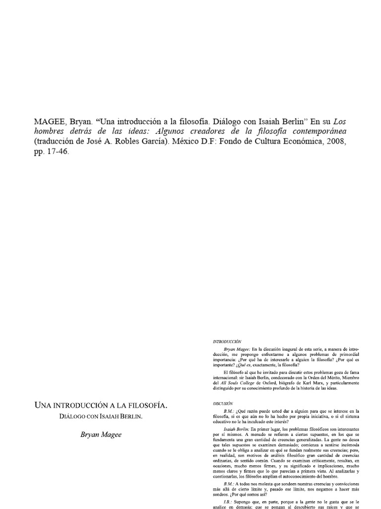 MAGEE Bryan. Una Introduccion A La Filosofia. Dialogo Con Isaiah Berlin ...