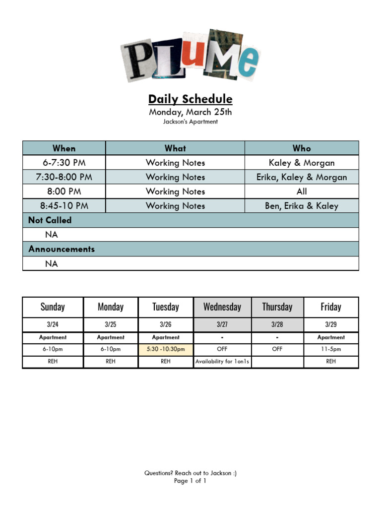 3.25 PLUME - Daily Schedule | PDF