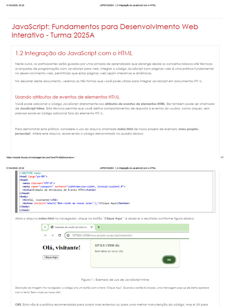 1.2 Integração Do JavaScript Com o HTML | PDF | Script Java | Html