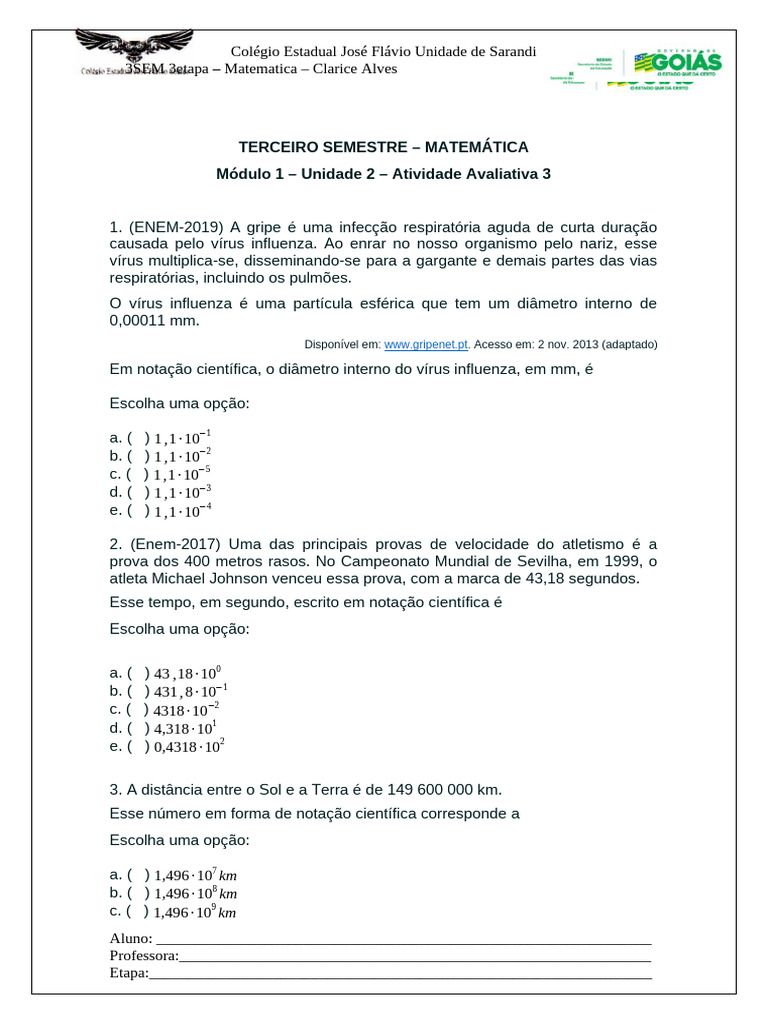 Atividade Avaliativa 3 - 3º Semestre - Mód 1 Unidade 2 | PDF | Asteroide | Gripe