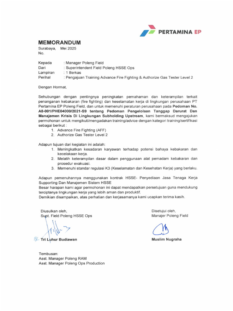 MEMO - Pengajuan Training Advance Fire Fighting & Authorize Gas Tester ...