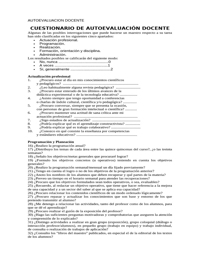 Cuestionario de Autoevaluación Docente | PDF | Maestros | Enseñando