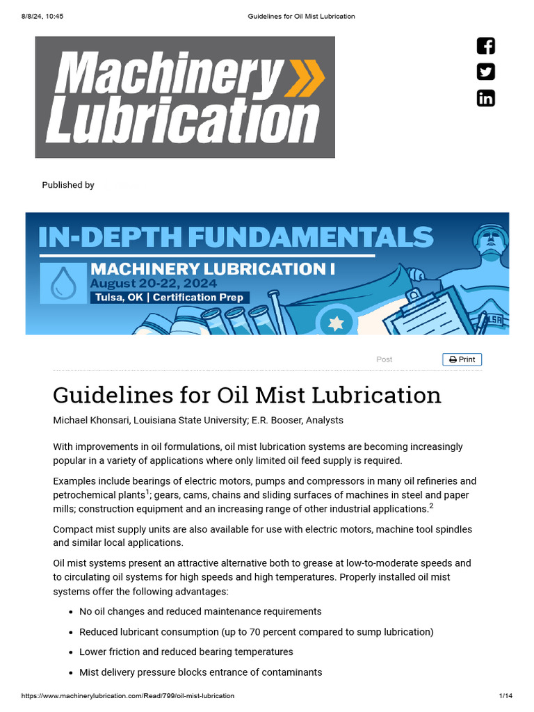 44.2.guidelines For Oil Mist Lubrication | PDF | Bearing (Mechanical) | Motor Oil