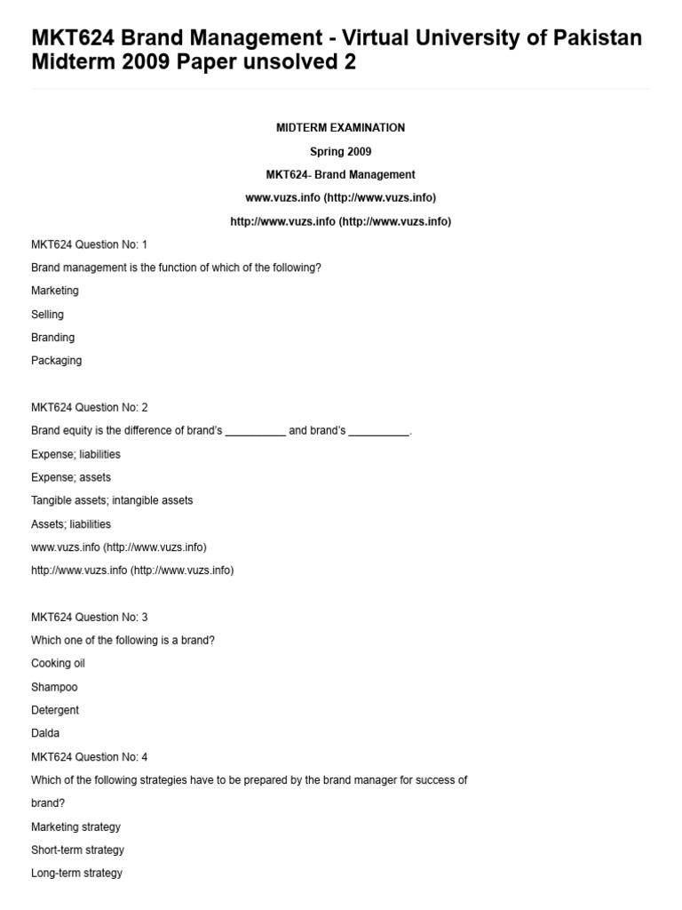MKT624 Brand Management - Virtual University of Pakistan Midterm 2009 Paper Unsolved 2 | PDF ...