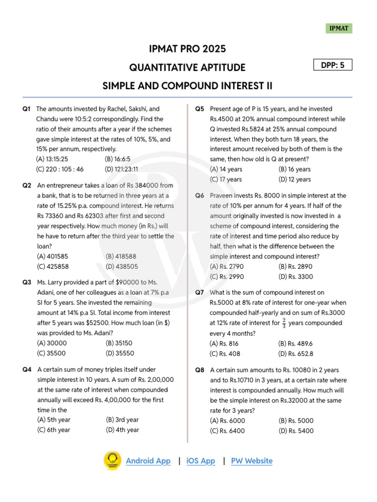 Arithmetic - DPP 05 - IPMAT Pro 2025 | PDF | Interest | Compound Interest