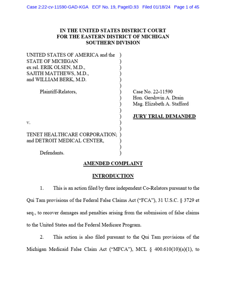 USA ex. Rel. Erik Olsen v. Tenet Case 2-22-Cv-11590-GAD-KGA Amended ...