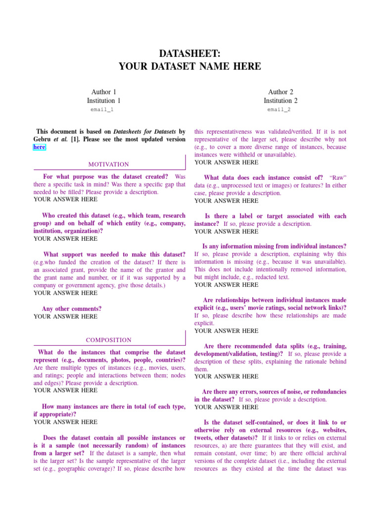 Datasheet Template for Datasets | PDF | Data | Sampling (Statistics)