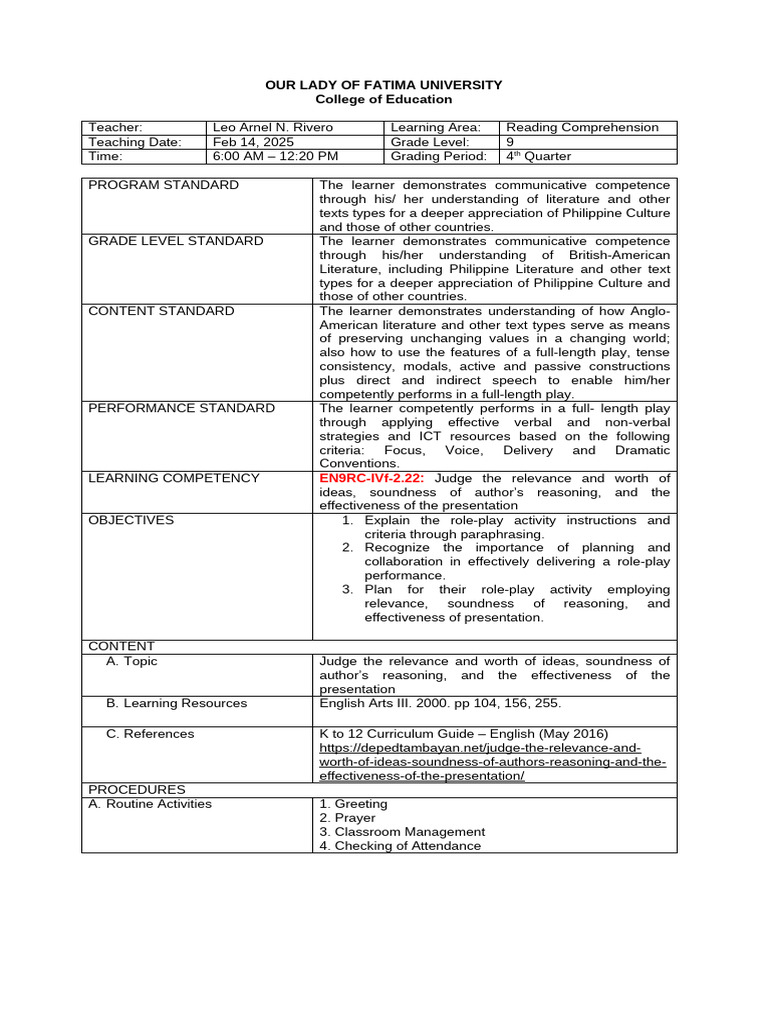 Feb-14-Daily-Detailed-Lesson-Plan-RIVERO, LEO ARNEL N. | PDF | Learning | Reading Comprehension