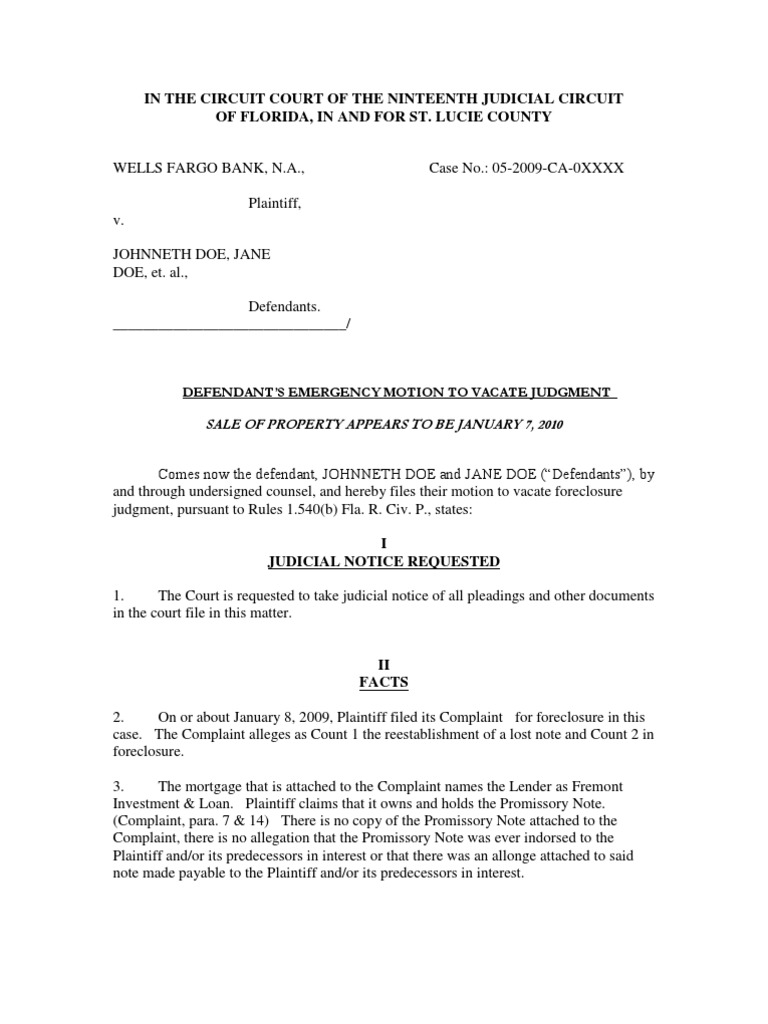 Florida Motion Set Aside Judgment | PDF | Summary Judgment | Foreclosure