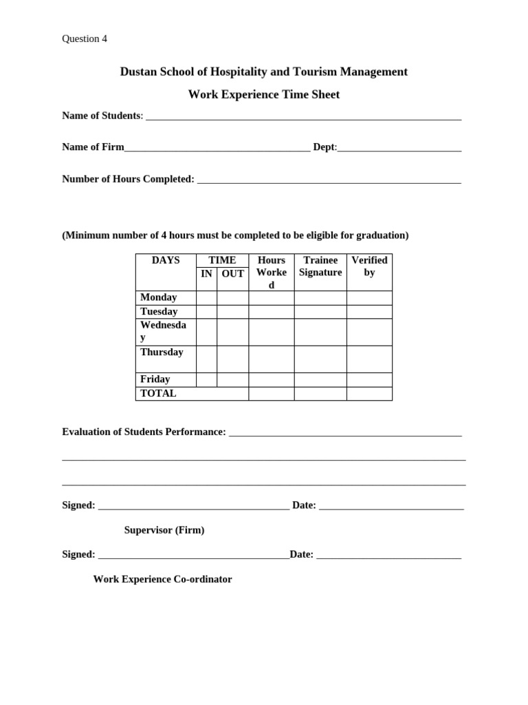Work Experience Time Sheet Template | PDF
