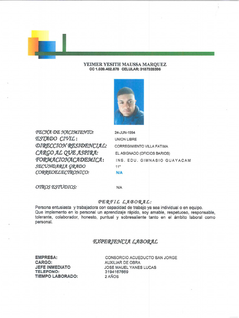 Hoja de Vida Yeimer Maussa | PDF