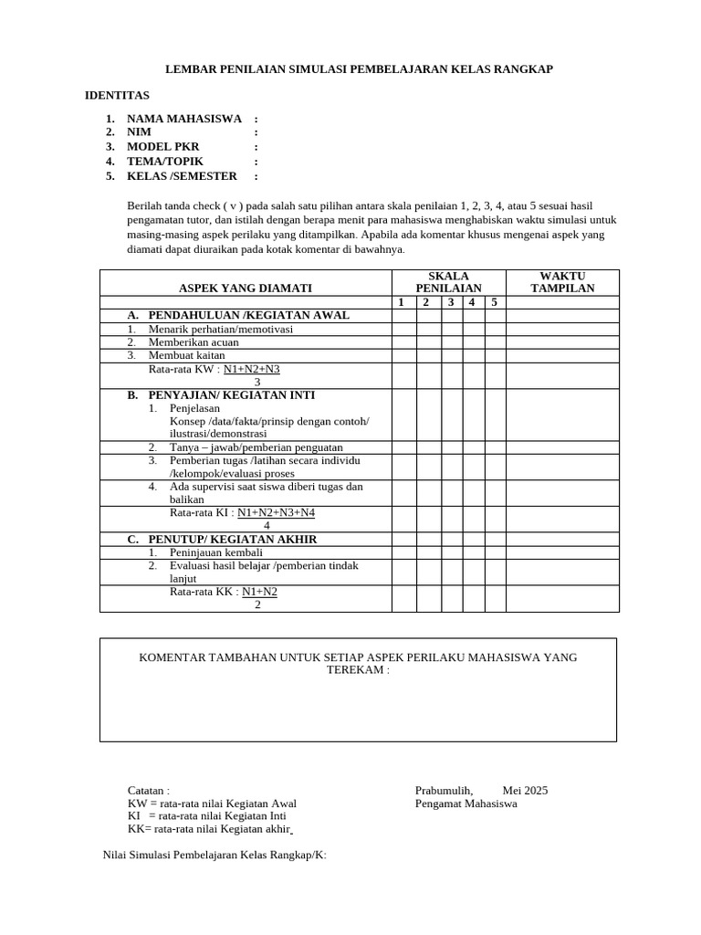 Lembar Penilaian Mahasiswa Kelas Rangkap 221 | PDF