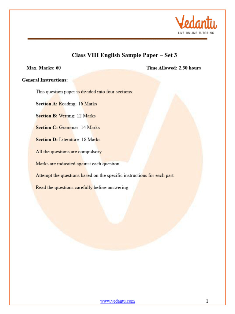 CBSE Class 8 English Sample Paper Set 3 With Solutions FREE PDF | PDF ...