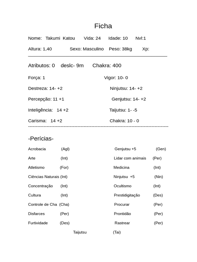 Ficha - Takumi LVL 1 | PDF