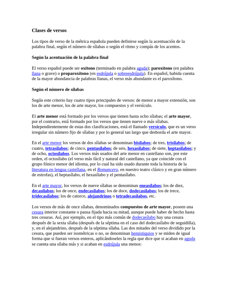 Tipos y Clases de Versos en Poesía | PDF | Metro (poesía) | Poesía