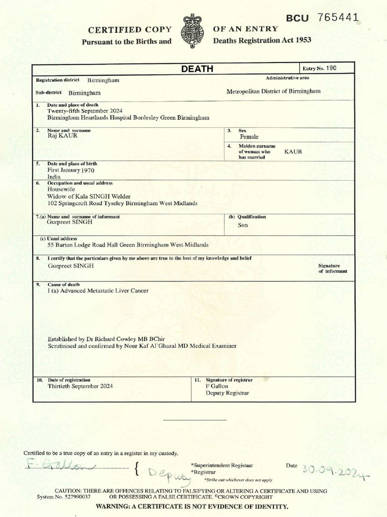 Gurpreet SINGH mother death certifcate | PDF