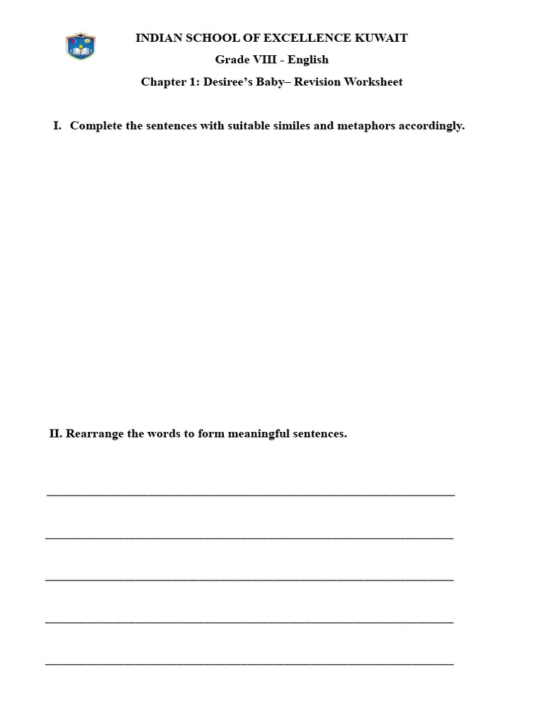 Grade 8 - Chapter 1 - Desiree's Baby - Worksheet | PDF