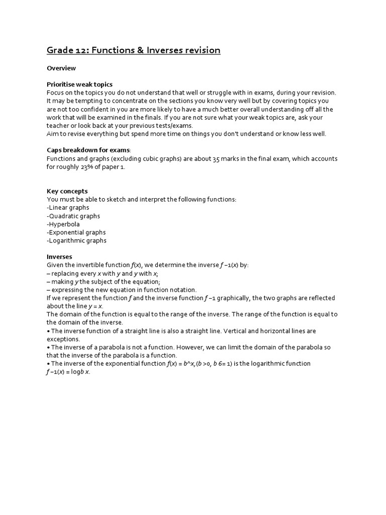 Gr12 - M - 20 - Functions and Inverses Rev | PDF | Function (Mathematics) | Functions And Mappings