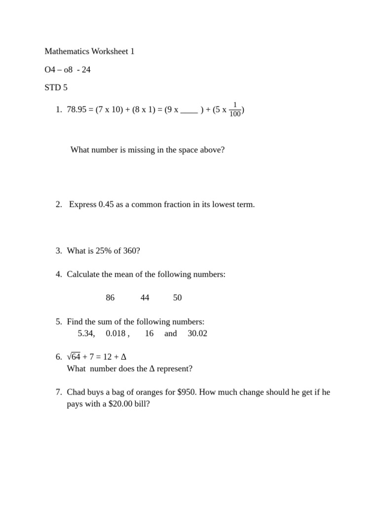 Mathematics STD 5 Worksheet 1 | PDF