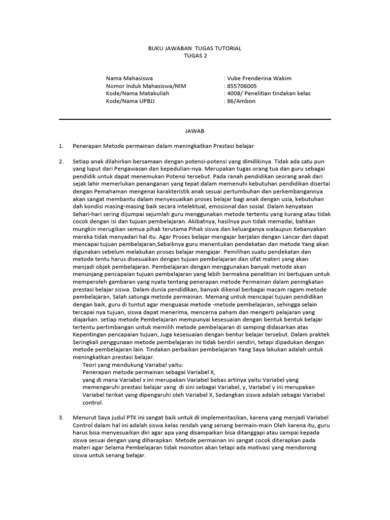 Buku Jawaban Tugas Tutorial Tugas 2, Penelitian Tindakan Kelas | PDF