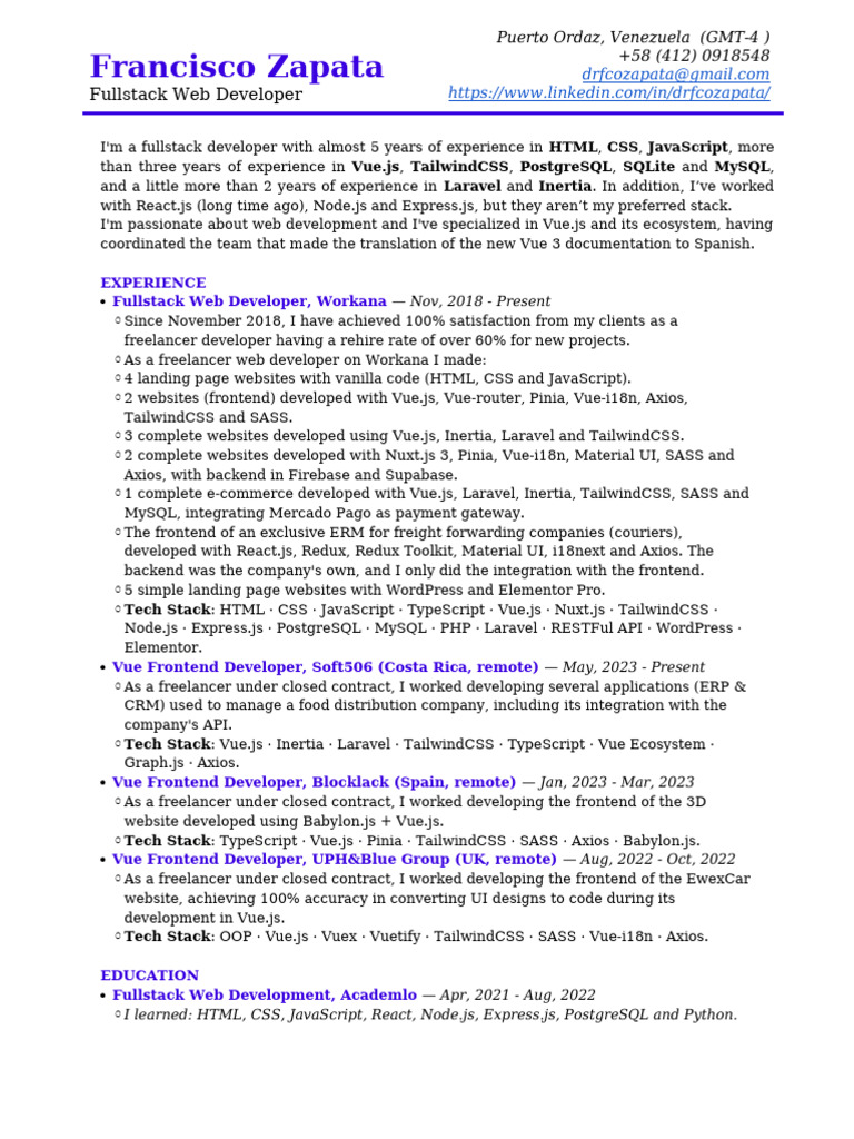 CV Francisco Zapata, Feb2025 | PDF | Web Development | Java Script