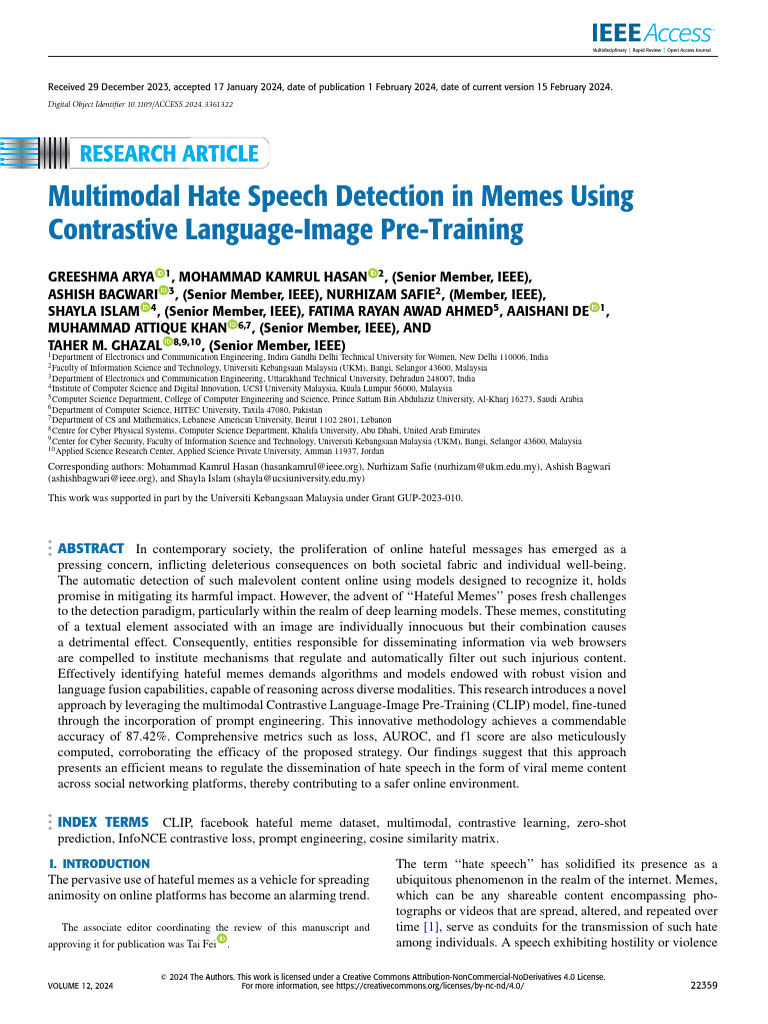 Multimodal Hate Speech Detection in Memes Using Contrastive Language-Image Pre-Training | PDF ...