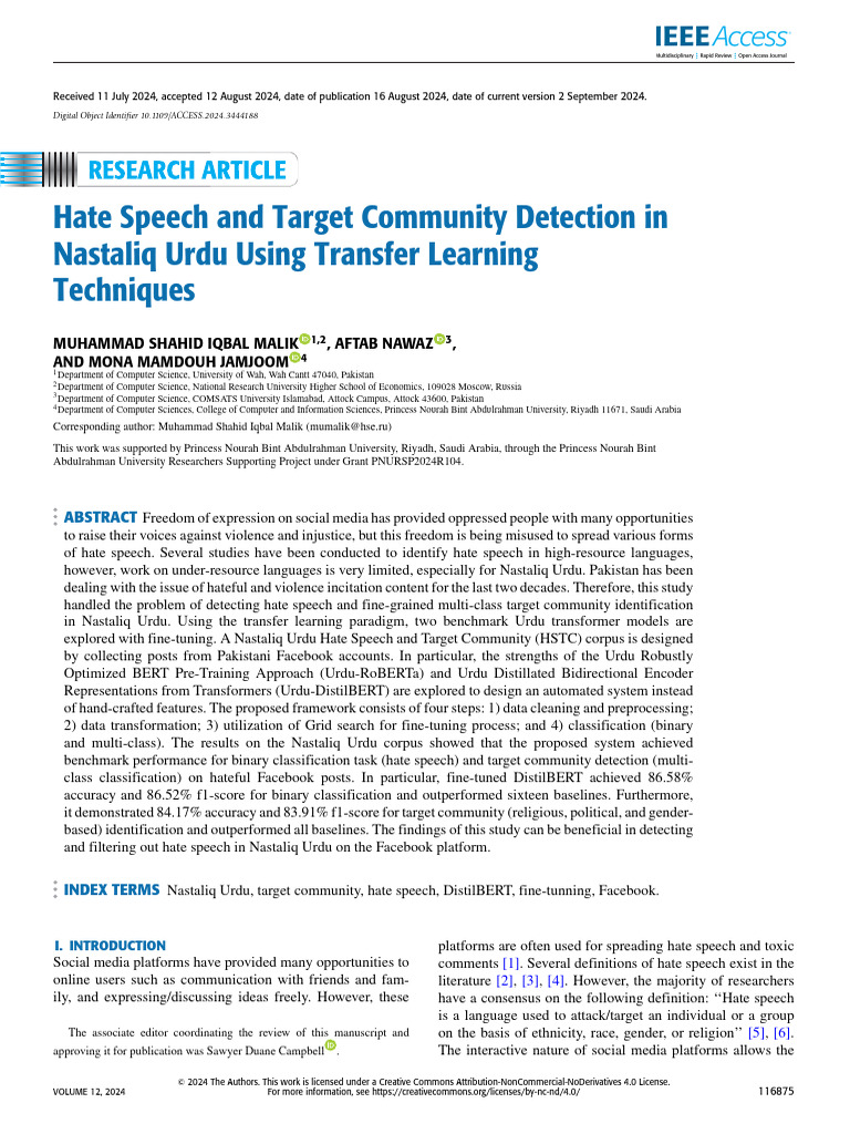 Hate Speech and Target Community Detection in Nastaliq Urdu Using Transfer Learning Techniques ...