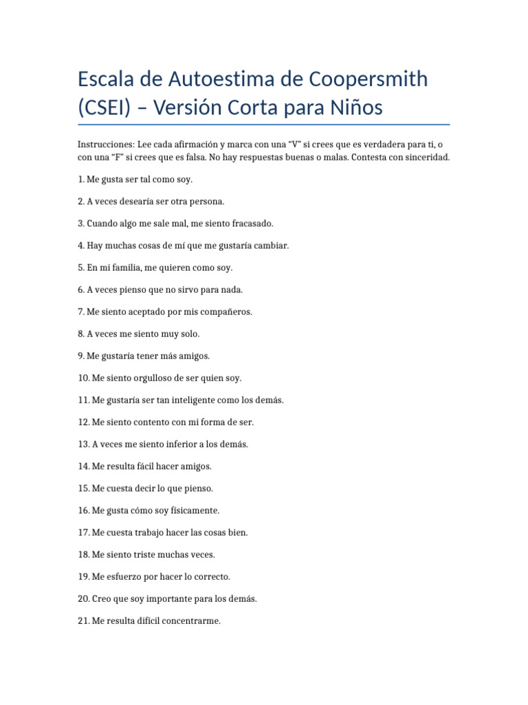 CSEI Escala de Autoestima Coopersmith Niños Version Corta | PDF