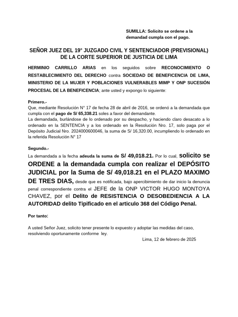 HERMINIO CARRILLO SOLICITO CUMPLIR PAGO Deposito Judicial Denuncia Desacato | PDF
