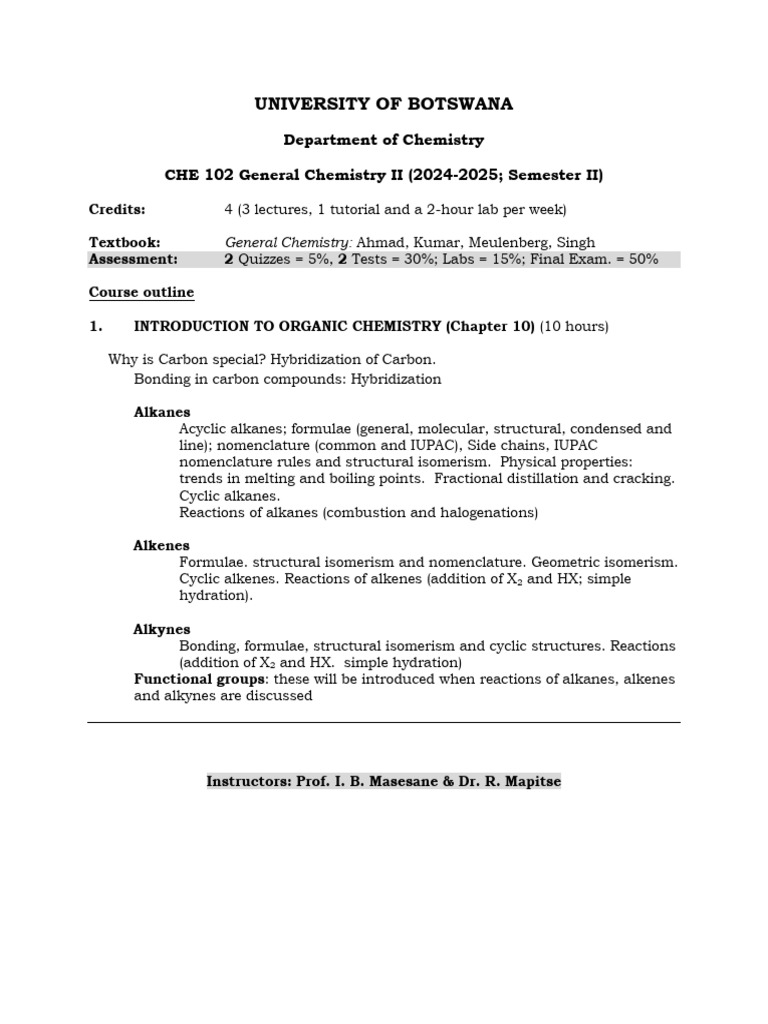 Course Outline Che 102 - Jan 2025 | PDF | Chemical Reactions | Chemical ...
