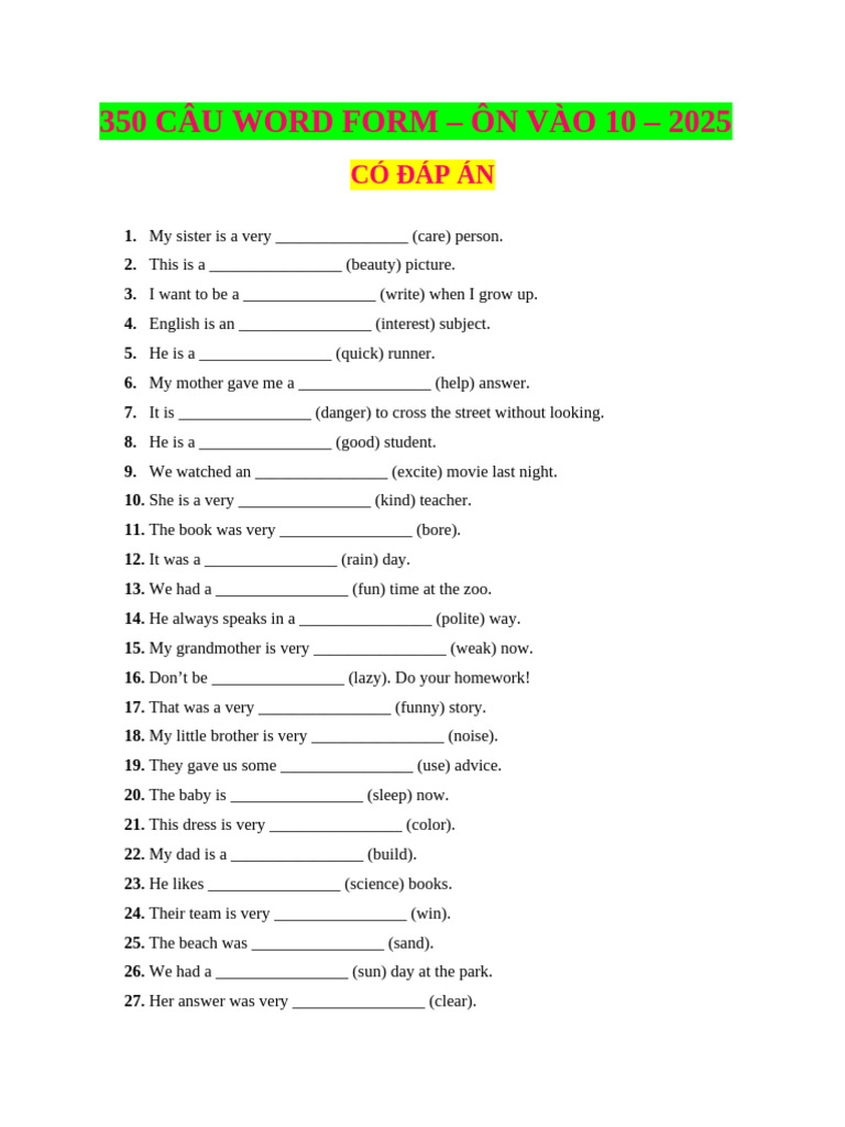 350 Câu Word Form Ôn Vào 10-2025 | PDF | Leadership | Teachers