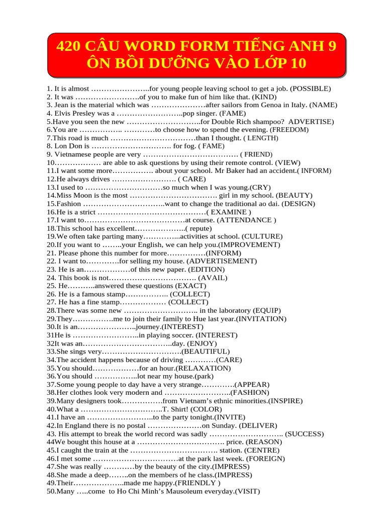 Word Form Exercises for Grade 9 | PDF