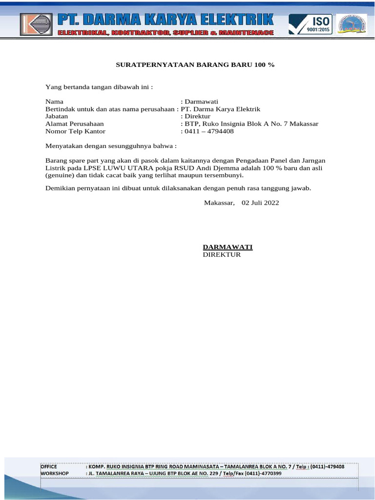 Surat Garansi Barang Baru PT. Darma Karya | PDF