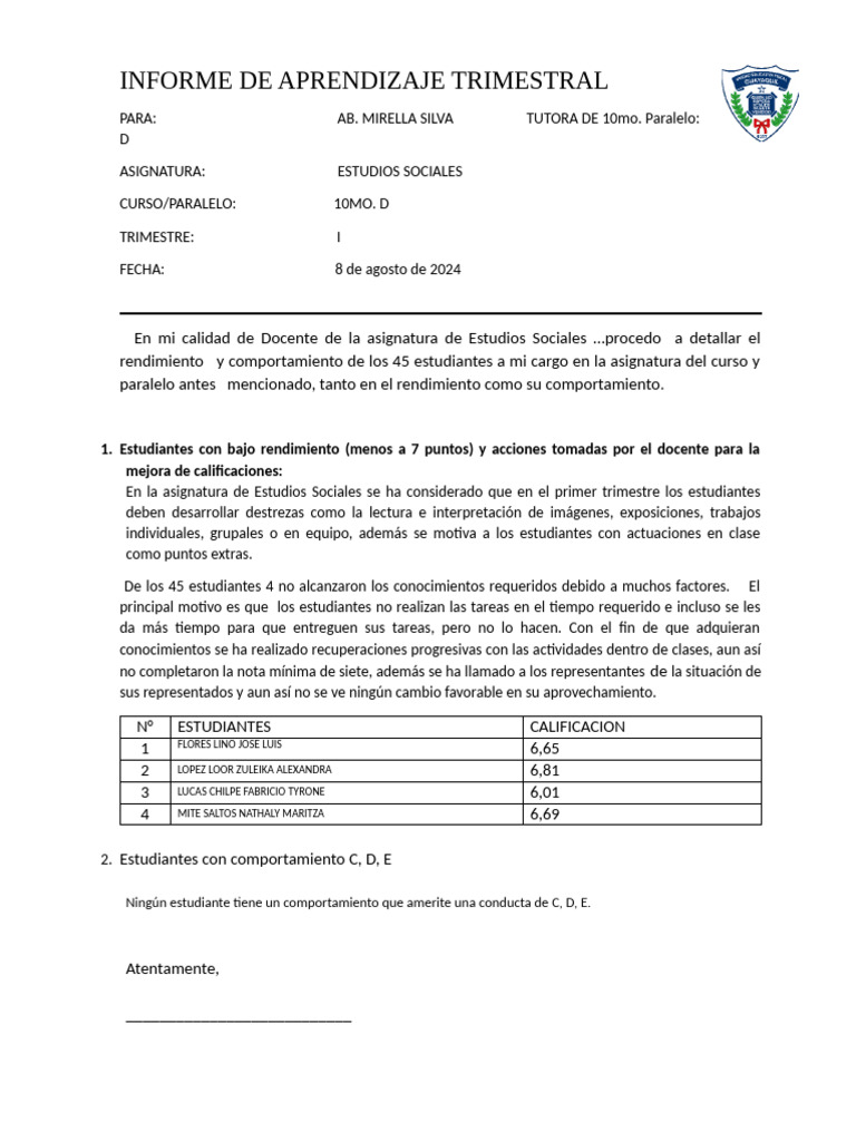 Informe de Aprendizaje - 10mo. D | PDF