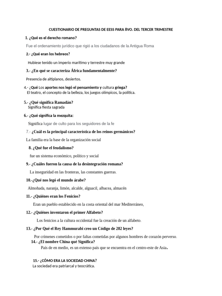 Cuestionario de Pregunta 8vo. Tercer Trim. | PDF